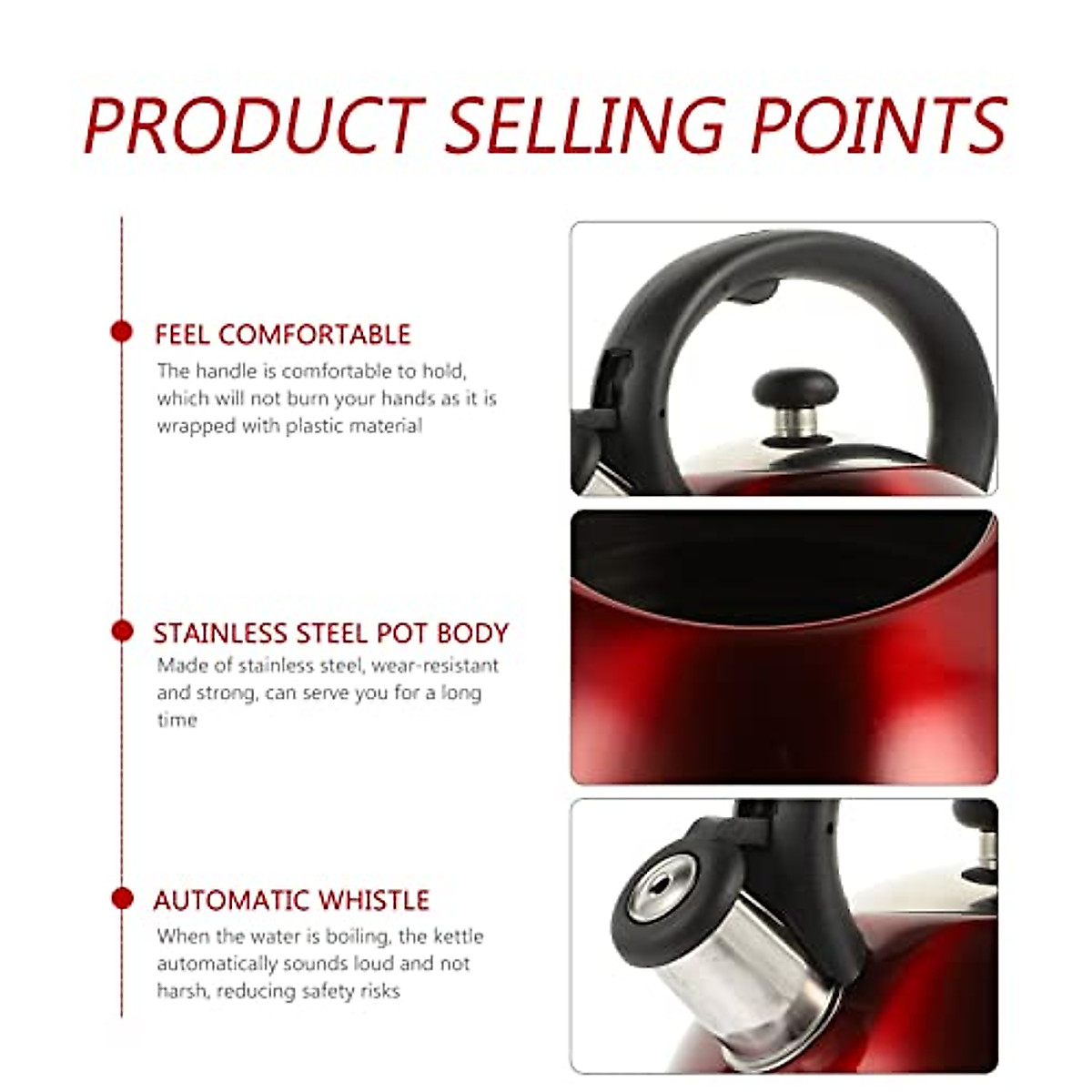 HEMOTON Tea Kettle Tea Kettle Tea Kettle Red Stainless Steel Whistling Tea Coffee Kettle with Heat Proof Handle Kitchen Grade Stainless Steel Teapot Stovetops Tea Pot Tea Pot Tea Pot