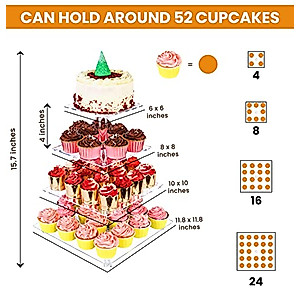 Utopia Home - Square Acrylic Cupcake Stand with Yellow LED Light Strings - 4 Tier Premium Cupcake Tower - Cup Cake Tier Stand for Dessert Table - Ideal for Weddings Birthday Parties