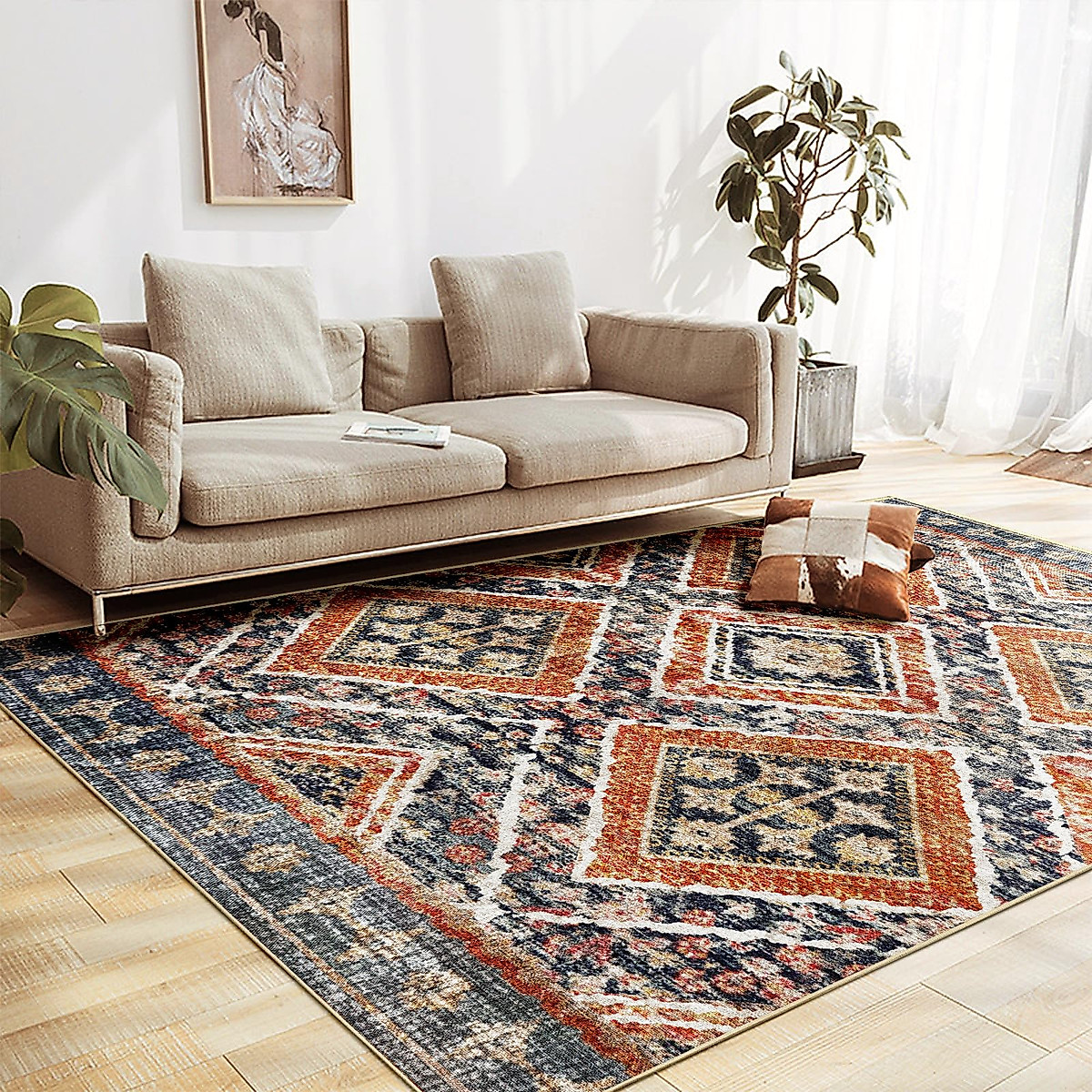 BESTSWEETIE 9x12 Area Rugs, Washable 9x12 Rug, Non Slip Floor Carpet, Low Pile Water Repellent,Ultra Soft Moroccan Rugs for Living Room Bedroom Indoor-Orange/Brown