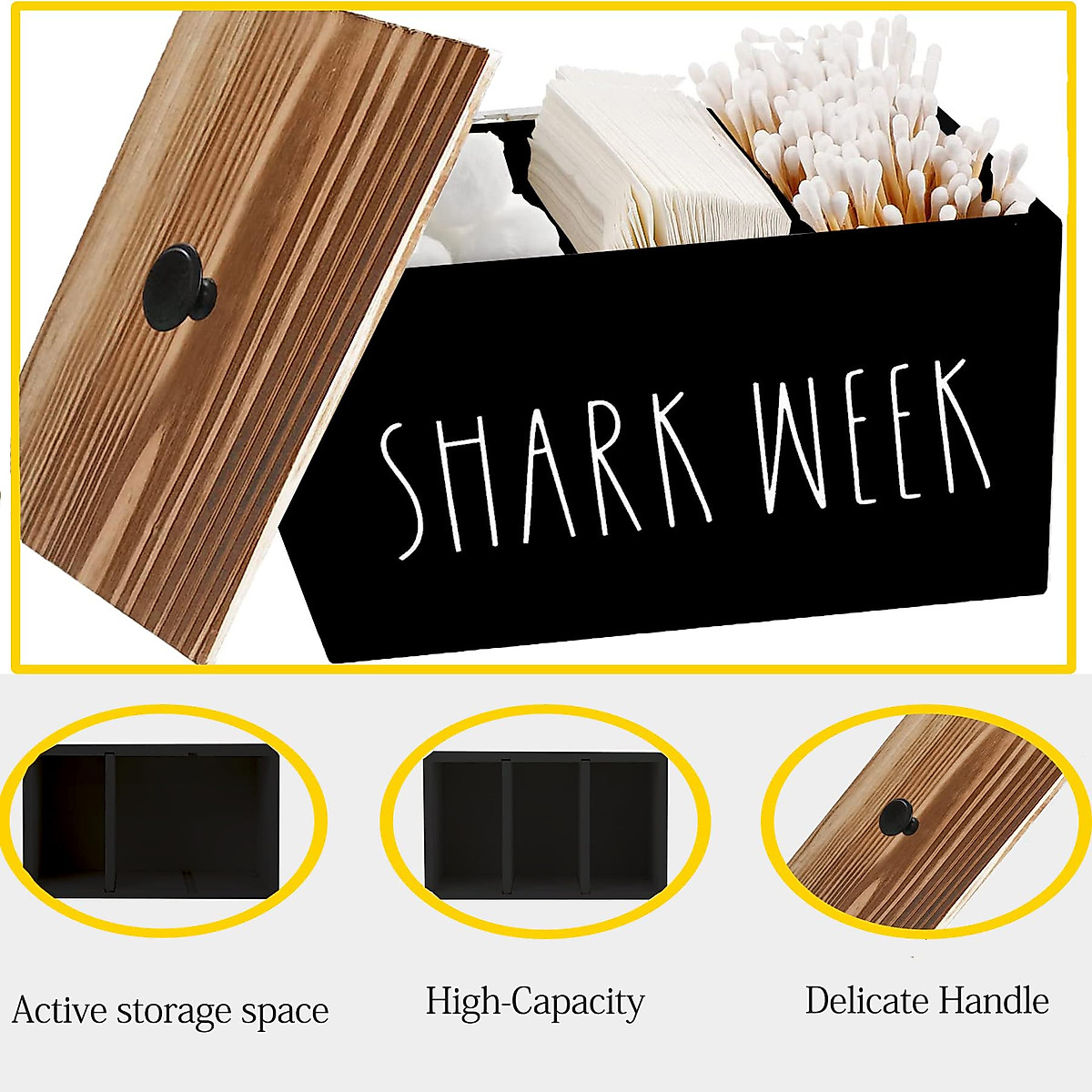 Tampon Holder for Bathroom,Farmhouse Bathroom Organizer,Rustic Wood Bathroom Storage Bin with Lid,Wood Movable Partition Feminine Product Organizer with Lid,Bathroom Accessories Box (Black wood)