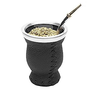 BALIBETOV [New Leather & Glass Yerba Mate Gourd Set (Mate Cup) with Yerba Mate Bombilla (Straw) (Black)