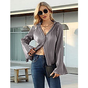 KOJOOIN Women Y2k Tops Deep V Neck Button Down Flare Long Sleeve Crop Tops Plain Casual Shirts Grey Purple