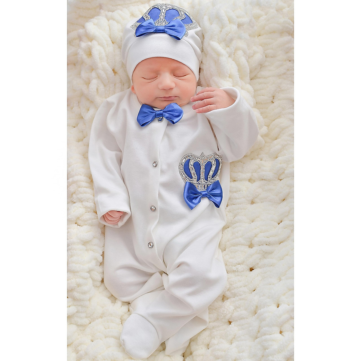 Lilax Baby Boy Newborn Crown Jewels Layette 3 Piece Gift Set 0-3 Months Royal Blue