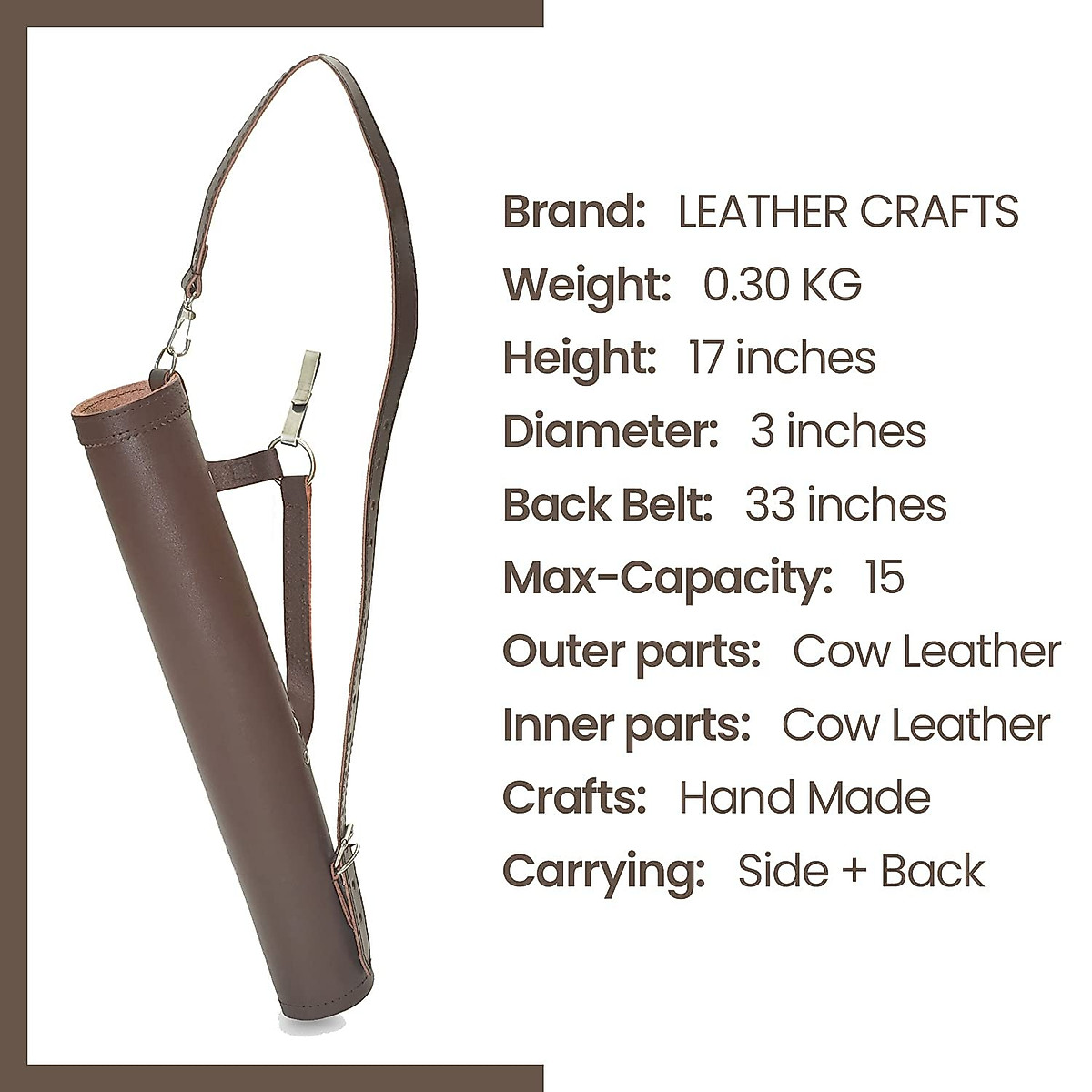 Leather Crafts Archery Back Arrow Quiver -Genuine Leather Arrow Quiver-Traditional Handmade Quiver for Arrows for Hunting & Target Practicing-Adjustable Lightweight & Comfortable (Brown, Cow Leather)