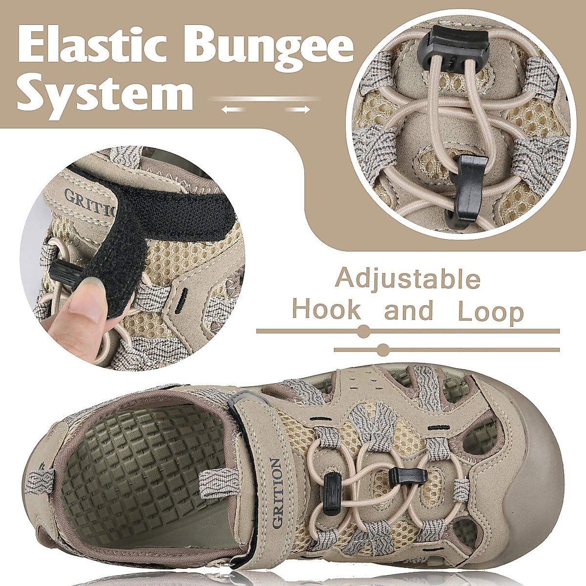 GRITION Women Outdoor Hiking Sandals Summer Beach Sport Comfort Adjustable Closed Toe Protection Casual Breathable Water Shoes Athletic Walking Sandal Beige(9.5 US / 40 EU)