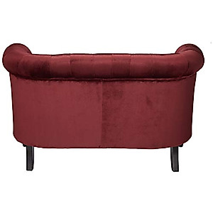 Great Deal Furniture Melaina Tufted Chesterfield Velvet Loveseat with Scrolled Arms, Garnet and Dark Brown