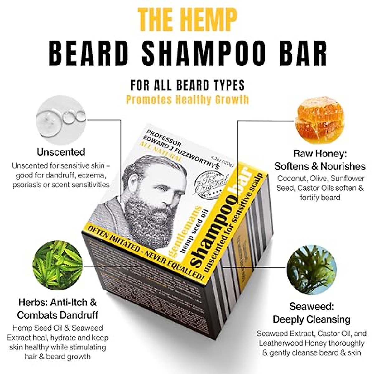 Professor Fuzzworthy's Beard & Hair Hemp Shampoo Bar - Unscented for Sensitive Skin - Normal Dry Oily Hair 4.2oz