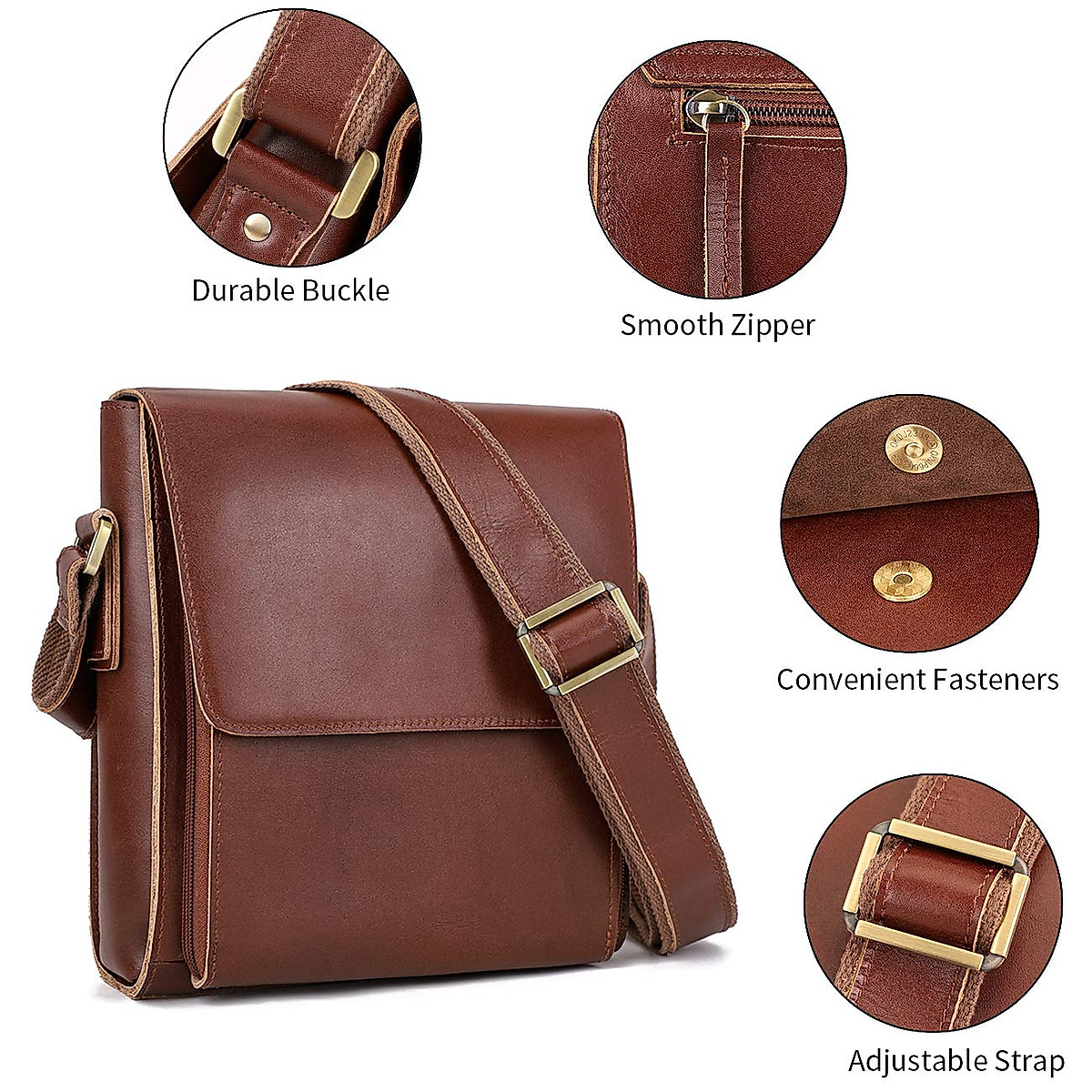 Augus Leather Messenger Shoulder Crossbody Bag for Men Work Business Vintage Magnetic Buckle Big Capacity Adjustable straps (Brown red)