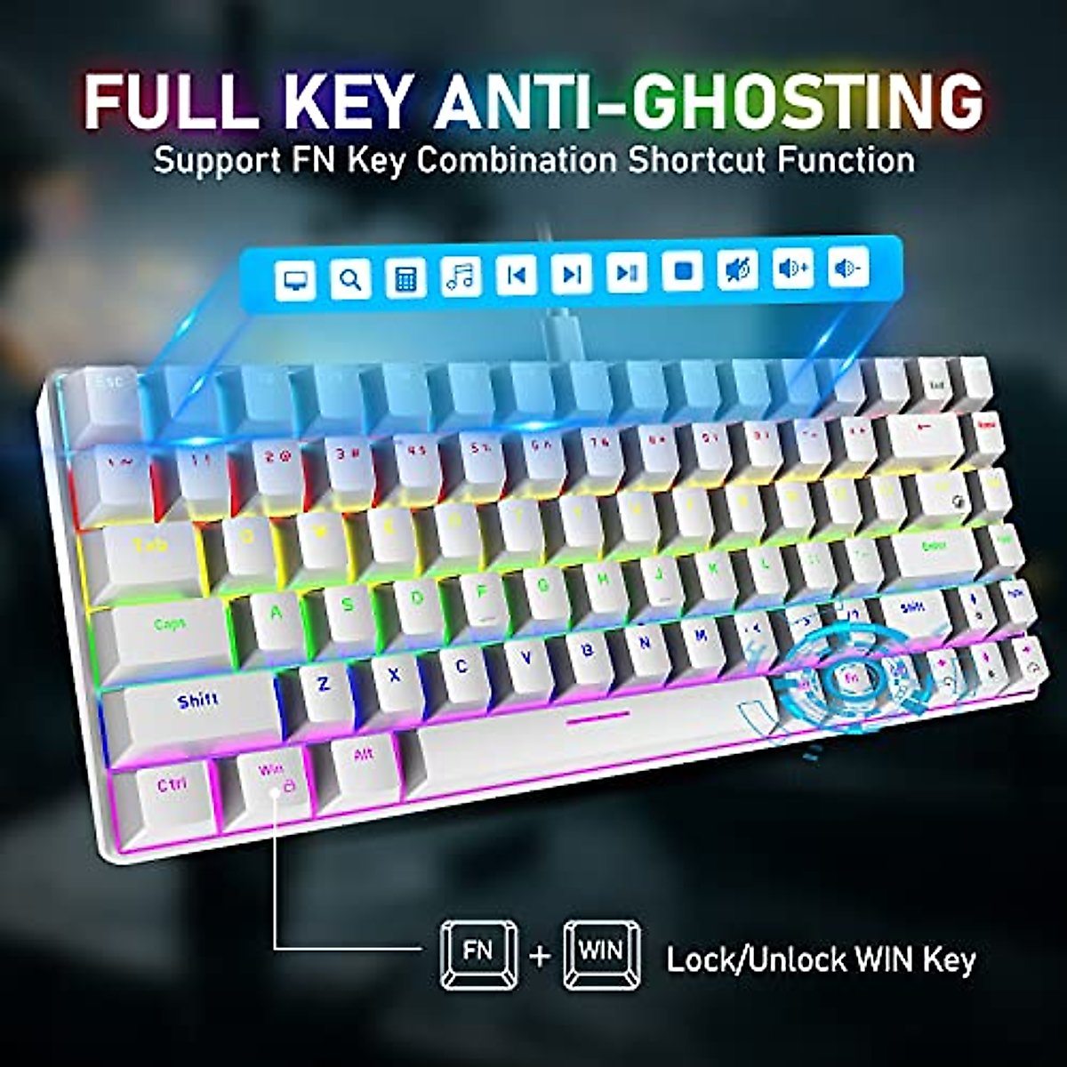 Mechanical Gaming Keyboard and Mouse Combo with 20 Rainbow Backlight 84 Key Anti-ghosting Ergonomic Waterproof Type-C Wired 2400 DPI Honeycomb Mice for PC Mac Gamer Computer Typist(White/Blue Switch)