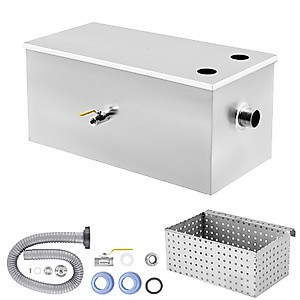 JIAWANSHUN Commercial Grease Traps 25LB Grease Interceptor Top Inlet Stainless Steel Grease Trap,with Filter Cleaning Brush,4 stage Filtration for Resaturant Food Truck,23.4x11.7x11.7in
