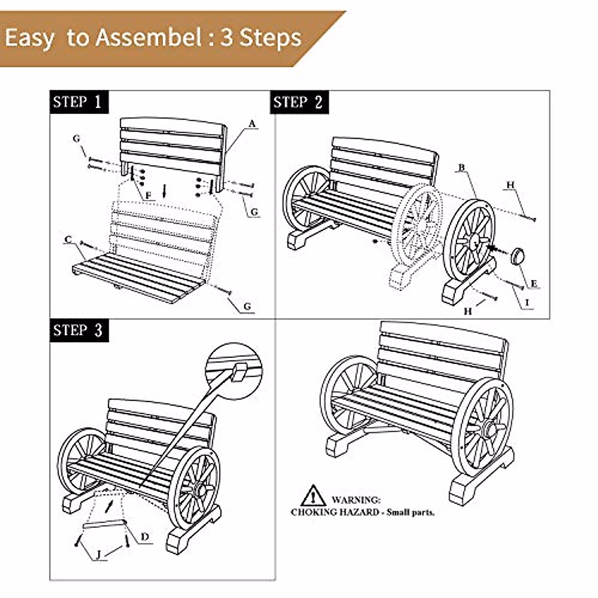 PatioFestival Outdoor Bench Wooden Patio Porch Bench Wagon Wheel Design Rustic Bench for Garden,Porch,Yard(45" Lx21 Wx32 H)