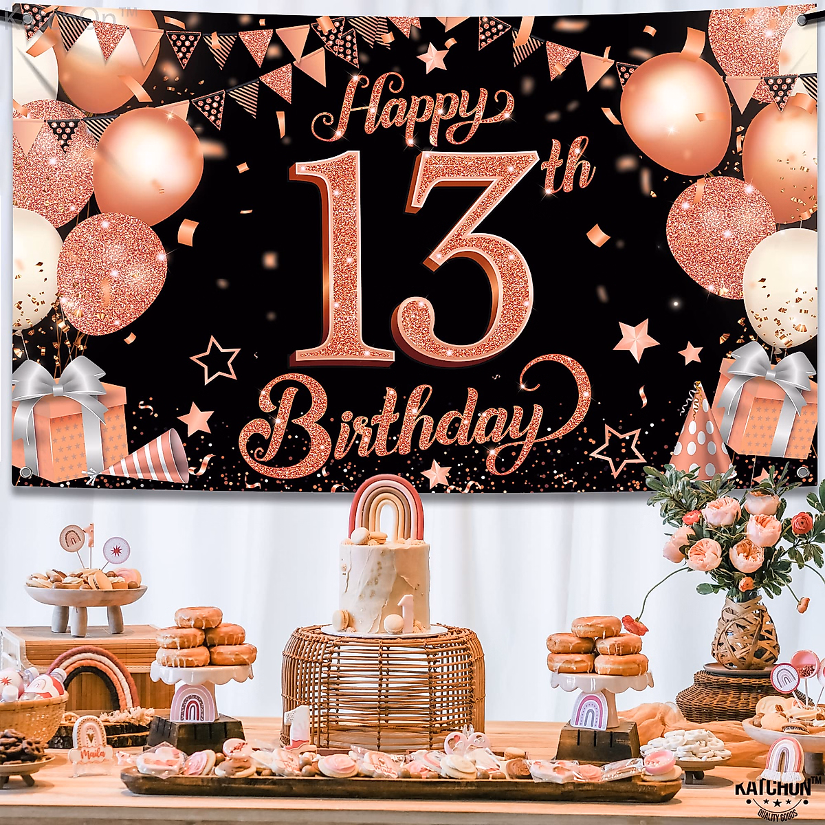 KatchOn Rose Gold Happy 13th Birthday Banner - XtraLarge, 72x44 Inch | Rose Gold and Black Happy 13th Birthday Decorations for Girls | Official Teenager Banner, 13 Year Old Birthday Supplies