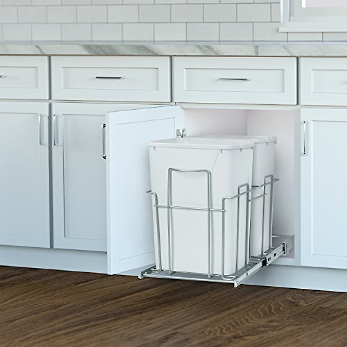 Panacea Grayline Double Trash Can Slide Out Basket Storage, Satin Nickel