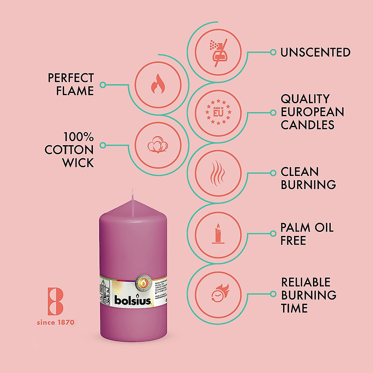 BOLSIUS 4 Pink Pillar Candles - 3x6 Inches - Individually Wrapped - Premium European Quality - 65+ Burn Hours - Dripless & Smokeless Smooth Flame - Unscented Dinner, Wedding, Party, & Décor Candles