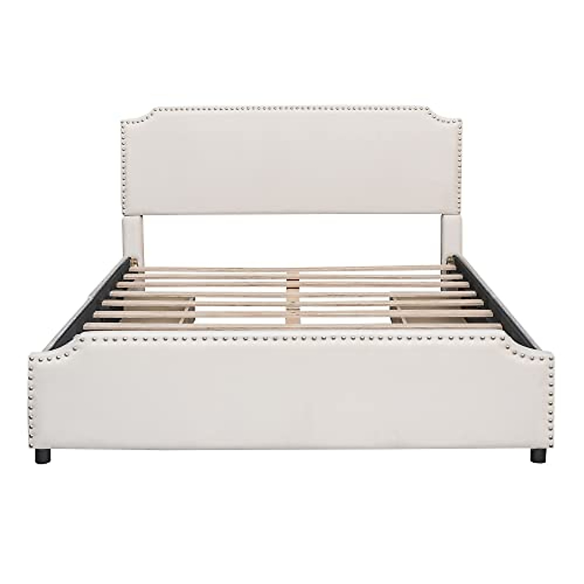 Wooden Queen Bed Frame Upholstered Platform Bed with Stud Trim Headboard and Footboard and 4 Drawers No Box Spring Needed, Velvet Fabric, Queen Size (Beige)