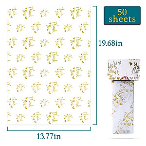 MR FIVE 50 Sheets White with Metallic Gold Thank You Tissue Paper Bulk,20" x 14",Thank You Tissue Paper for Packaging,Gift Bags,Metallic Gold Tissue for Graduation,Birthday,Thanksgiving