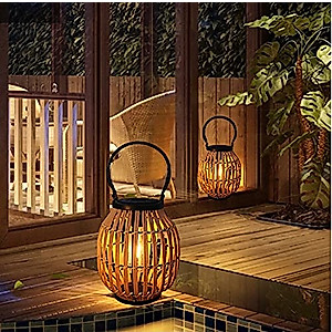 Outdoor Solar Lantern Lights Hanging Large Rattan Garden Lantern Waterproof- Rustic Table Lamp with Edison Bulb Women Gift Decoration for Garden Patio Boho Wedding