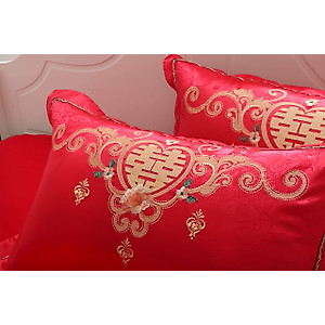 I-MART King Size Chinese Wedding Red Bedding Set, Asian Bedding with Dragon and Phoenix Bird Embroidery Duvet Cover Set of 4