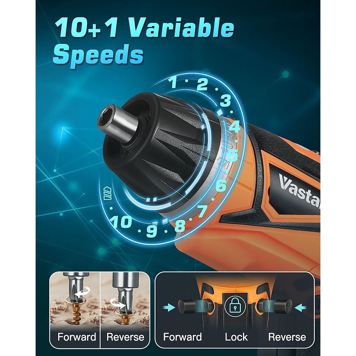 Vastar 8V Cordless Electric Screwdriver, 89Pcs Rechargeable Power Magnetic Screwdriver Kit in Carrying Case, with 10+1 Torque Settings, Dual Position Handle, Battery Indicator, Flexible Shaft, LED