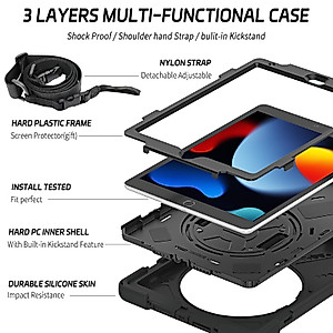 ZenRich iPad 9th Generation Case 10.2 inch 2021, Rugged Shockproof Case for iPad 8th/7th Generation with Pencil Holder, Rotating Hand Strap &Stand, Shoulder Strap and Screen Protector,Black