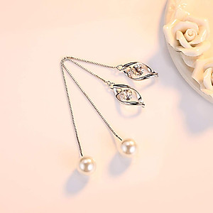 Elegant 925 Sterling Silver Threader Tassel Earrings Pearl Ball Drop Long Chain Earrings Wedding for Women and Girls