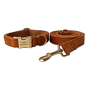 Velvet Dog Collar Personalized with Name Phone Number Engraved, Custom Pet Collars with Metal Buckle(Camel, S)