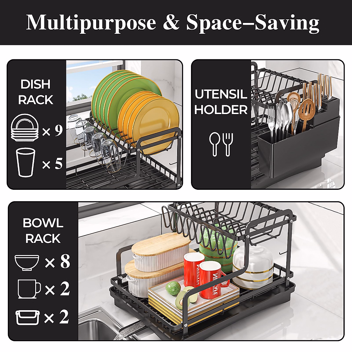 Famhap Dish Drying Rack, Large 2 Tier Dish Racks for Kitchen Counter, Durable Stainless Steel Kitchen Drying Rack with a Cutlery Holder, Drying Rack for Dishes, Knives, Spoons, and Forks