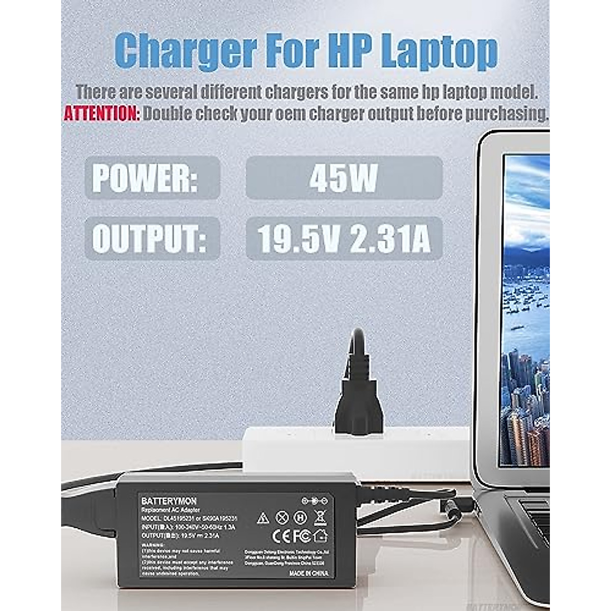 45W 19.5V 2.31A Laptop Power Adapter Charger for HP 741727-001 721092-001 719309-001 HSTNN-DA40 ADP-45WD B, Compatible with Pavilion TouchSmart 11 13 15 Series Notebook