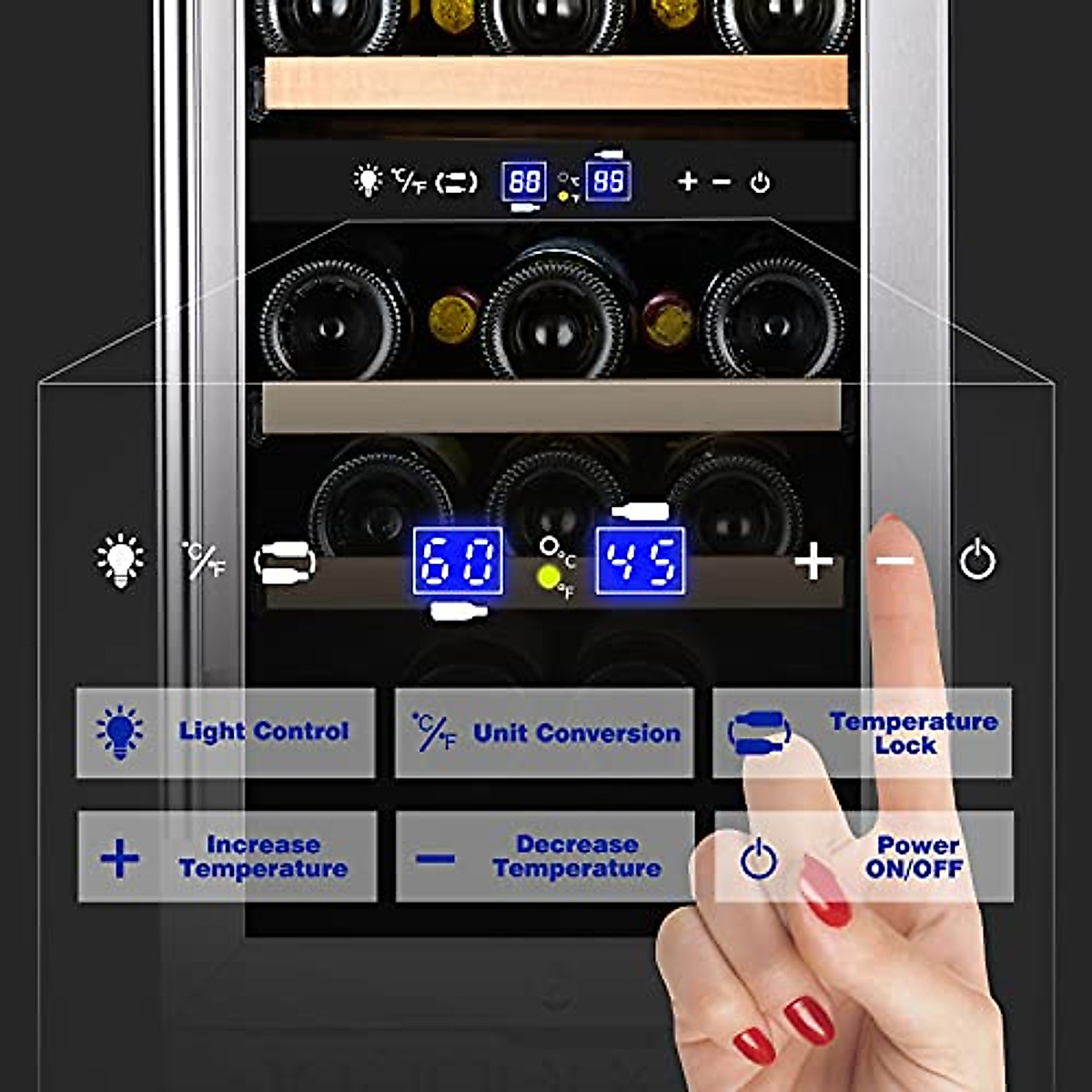 Tylza Mini Fridge 15 Inch Wine Cooler Under Counter, 30 Bottle Dual Zone Wine Fridge with Stainless Steel, Wine Refrigerator Freestanding, and Built-in Wine Cellars