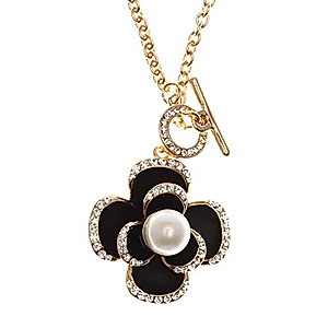 Fashion Jewelry designer statement enamel rhinestone camellia flower faux pearl charm pendant necklace for women (Black)