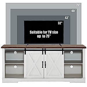 AMERLIFE 66" Farmhouse TV Stand for 75 Inches TVs, Entertainment Center with Sliding Barn Door and Adjustable Shelf & Feet, Console Table with Storage, Distressed White & Rustic