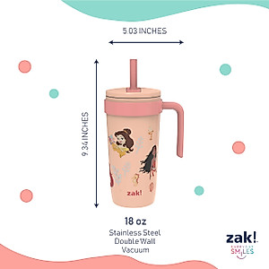 Zak Designs Disney Princess Fairway Travel Tumbler for Home or On the Go, 18oz Stainless Steel with Vacuum Insulation, Spillproof Straw, and Handle (Ariel, Belle, Cinderella, Jasmine, Moana, Tiana)