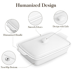MALACASA 3.4 Quart Baking Dish With Lid, Porcelain Casserole dish with Lid, 13 x 9 Lasagna Pan Deep with Lid, Rectangular Bakeware With Handle, Microwave, Oven Safe, White, Series BAKE