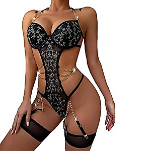 LQWY Sexy Garter Lingerie Set for Women Floral Lace Mesh Chain Babydoll Underwire Bra and Panty Sets