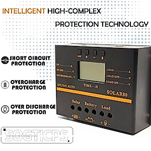 SOGTICPS 80A PWM Solar Charge Controller 12V 24V Solar Panel Charger Discharge Regulator with 5V USB Output Multip Circuit Protection Solar Charger ABS Housing Discharge Regulator