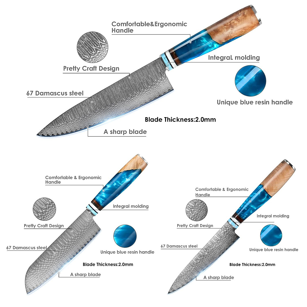 Chef Knife Set Damascus, 3PCS Professional Japanese VG10 Damascus Steel Kitchen Knife Set Chefs Knife, Paring knife, Santoku Knives, Chef Knife Set for Kitchen with Gift Box