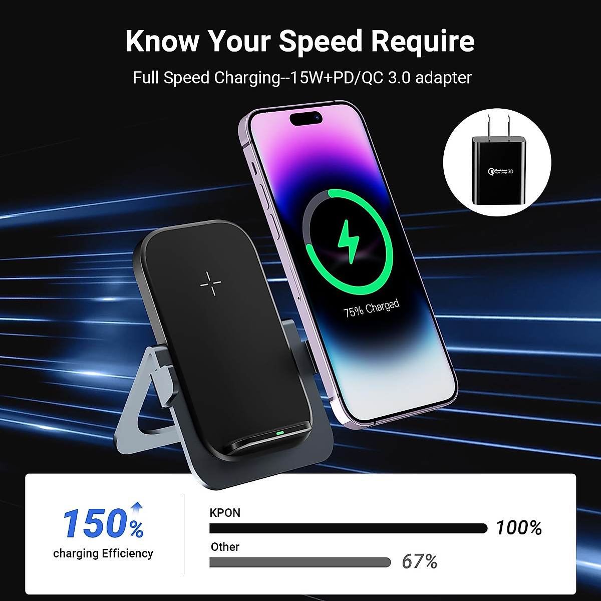 KPON Wireless Charging Stand,15W Fast Wireless Phone Charger for Thick Cases,Compatible with iPhone 15 14 13 12 11Pro Max/XR/XS Max/XS/X/8/8Plus Galaxy S22/S21/S9/S8(with QC Adapter)