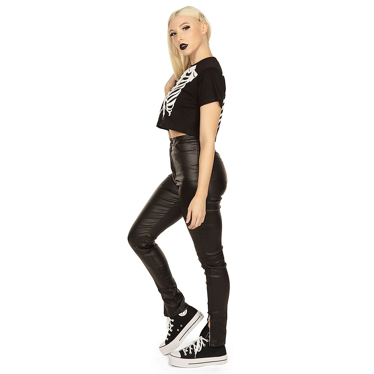 Tipsy Elves Halloween Women’s Skeleton Costume Shirt - Cute and Spooky Adult Womens Skeleton Shirts - Front Printed Ribcage and Bones Black Crop Top Size Medium