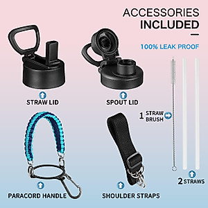 32 oz Insulated Water Bottle with Paracord Handles & Strap, 2 Lids(Straw Lid&Spout Lid), Stainless Steel Reusable Wide Mouth Metal Water Bottle With Straw, Double Walled, Thermo Mug(Dark Night)