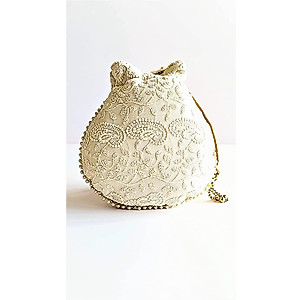 Ethnic Indian Potli Bag For Woman Chikankari Work Embroidered Potli Bag Handbag Elegant Organizer Clutch With Handle Wedding & Evening Party Purse BY PANACHE MERCHANT (Pack Of 5)