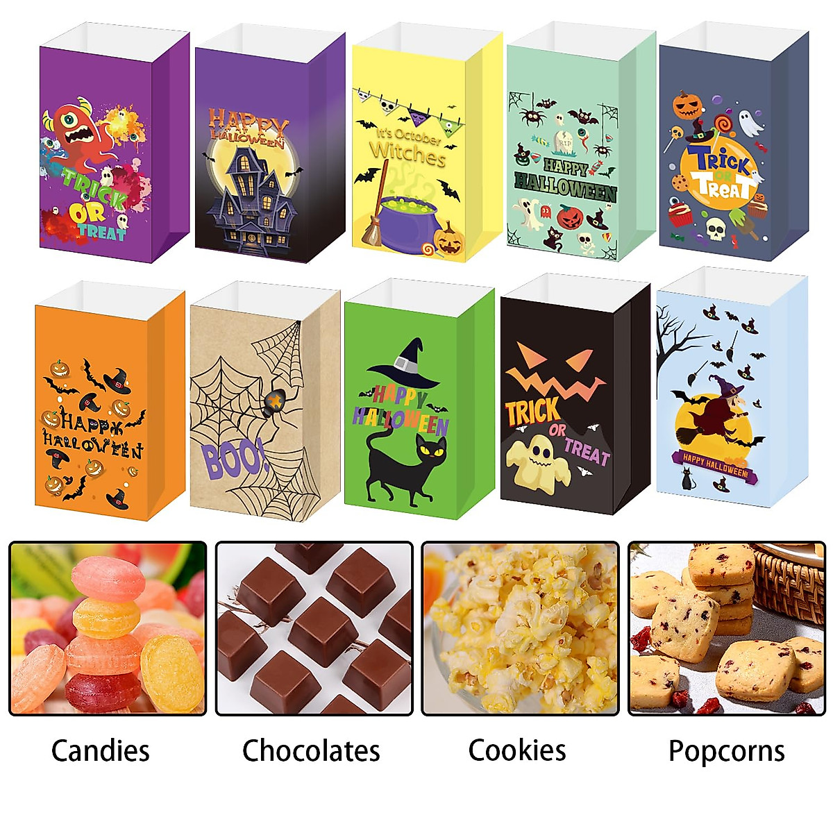 WOONOO 50PCS Halloween Treat Bags Candy Bags for Halloween Party, 10 Styles Paper Halloween Goodie Bags for Party Favors with 50PCS Stickers, Halloween Kids Trick or Treat Gift Bags Party Supplies