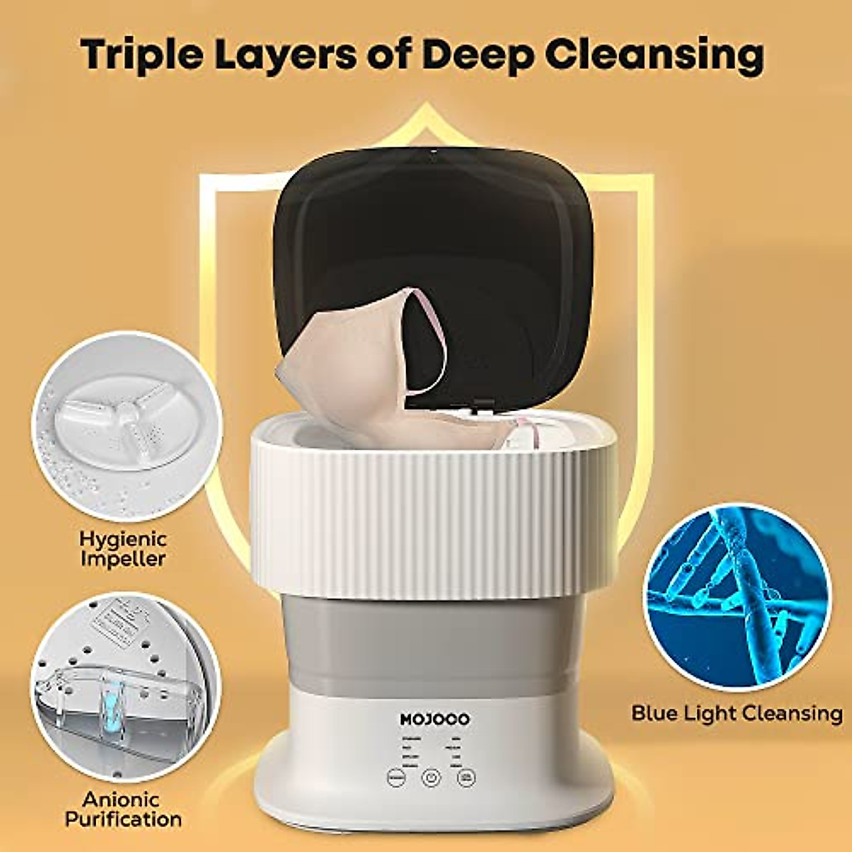 Mojoco Foldable Washing Machine - Portable Washing Machine for Baby/Girls Clothes/Socks/Underwear/Towels - Collapsible Mini Washer - Automatic Energy Efficient Laundry Machine with Blue Light