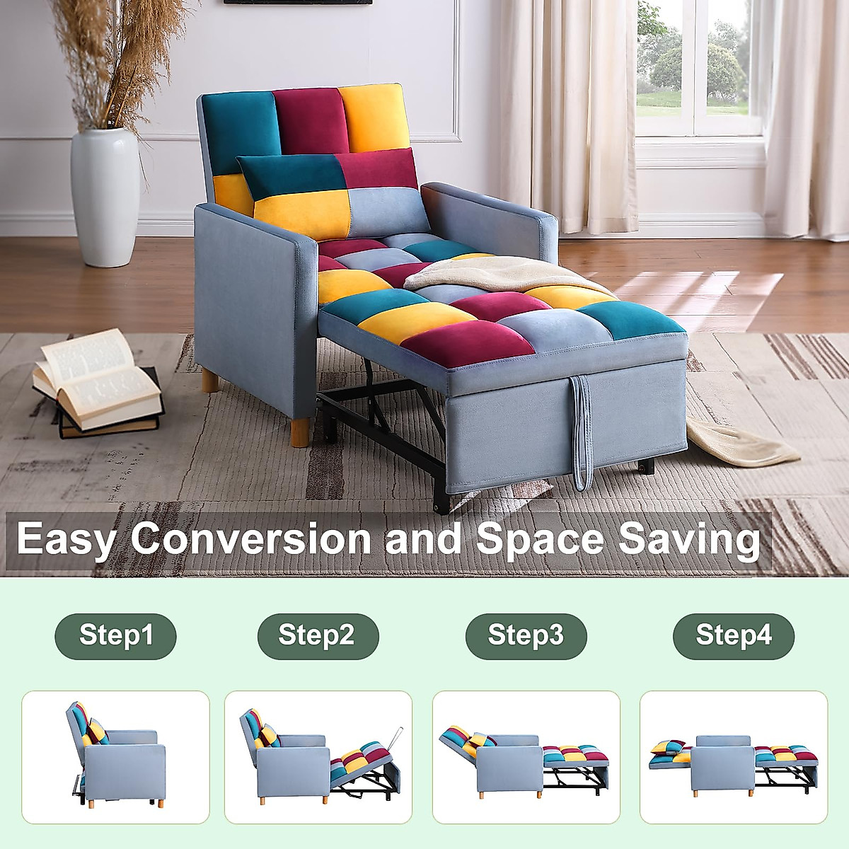 ODUWA Convertible Chair Bed,3-in-1 Sleeper Single Sofa Chair Bed with Pillow,Adjustable Backrest Recliner with Soft Velvet Fabric,Pull Out Sleeper Bed for Living Room,Dorm,Apartment,Bedroom or Office