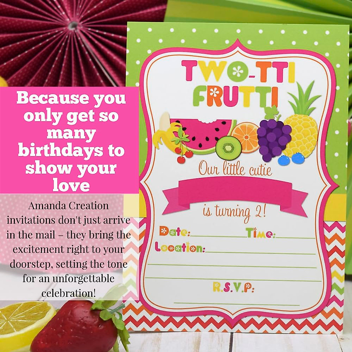 Tutti-Frutti Sweet and Juicy 2nd Birthday Party Invitations, 20 5x7 Fill In Cards with Twenty White Envelopes by AmandaCreation
