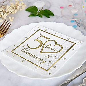 50th Anniversary Cocktail Napkins Gold Foil Print | Golden Wedding Anniversary Celebrations Party Favor Supplies & Decorations | 50-Pack 3-Ply | Folded 5 x 5 Inches Disposable Paper Beverage Napkins