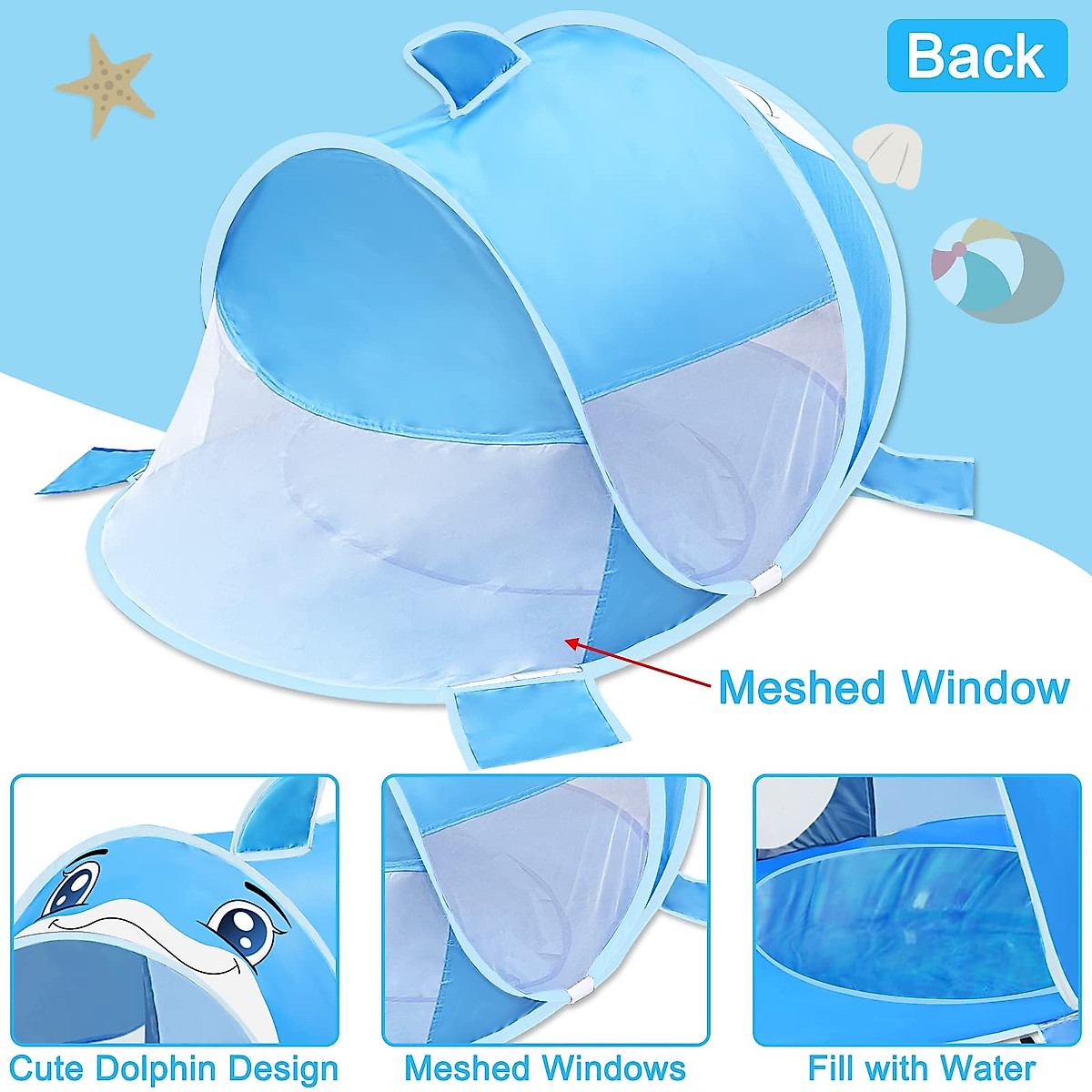 Dolphin Baby Beach Tent with Pool, UPF 50+ UV Protection Pop Up Portable Sun Shade Beach Tent with Sand Pocket, Waterproof Outdoor Sun Shelter for Baby Toddler Age 6-36 Months Baby Essentials