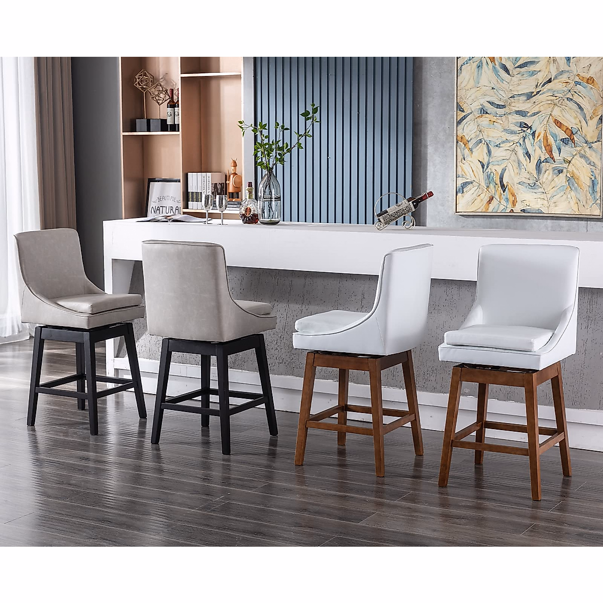 Kmax PU Leather Counter Height Bar Stools Swivel Modern Bar Stools with Wood Legs Footrest for Dining Room Kitchen Island, Set of 2- Beige