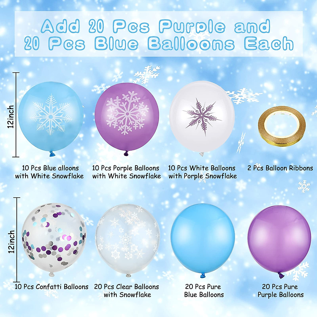 Gejoy 100 Pieces Snowflake Balloons 12 Inch Purple Blue Balloons White Balloons for Winter Birthday Party Girls Winter Theme Party Supplies Ice Snow Theme Baby Shower Winter Party Decoration