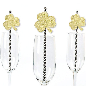 Gold Glitter Shamrocks Party Straws - No-Mess Real Gold Glitter Cut-Outs & Decorative St. Patrick's Day Party Paper Straws - Set of 24