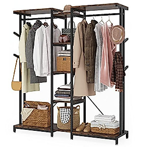 Tribesigns Extra Large Closet Organizer with Hooks, Free-Standing Closet Clothes Rack with Shelves and Hanging Rod, Heavy Duty Industrial Clothing Shelf Closet Storage System for Bedroom (rustic)